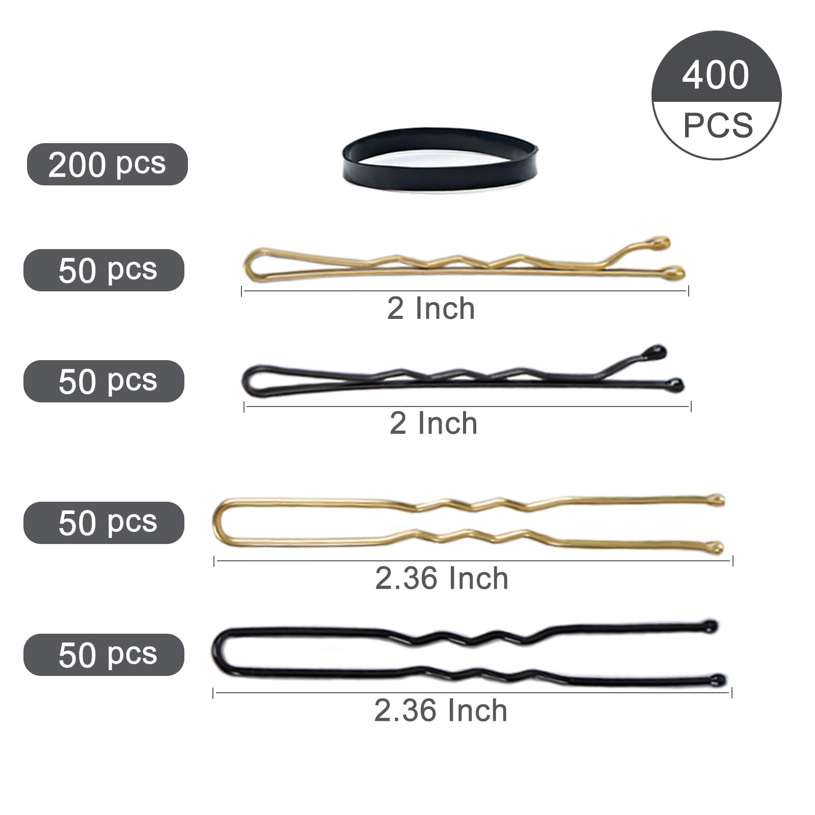 Lvyesea 400Pcs Hair Pins Kit, Including 100 Pcs U-Shaped 100 Pcs Bobby Pin and 200 Pcs Hair Rubber Bands with Storage Box Hair Pins for All Hair Types (Black, Gold)