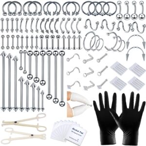 120 pcs body piercing kit nose stud piercing kits for all body piercings stainless steel jewelry with 12g 14g 16g piercing needles for ear cartilage tragus nose septum lip nipple belly button