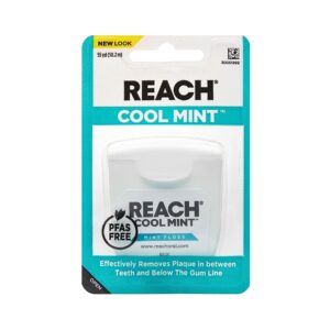 reach listerine cool mint dental floss 55yd, plaque remover, shred resistant, waxed, easy on gums & teeth, fresh mint, pfas-free, fresh breath, for adults & kids, 1 pack