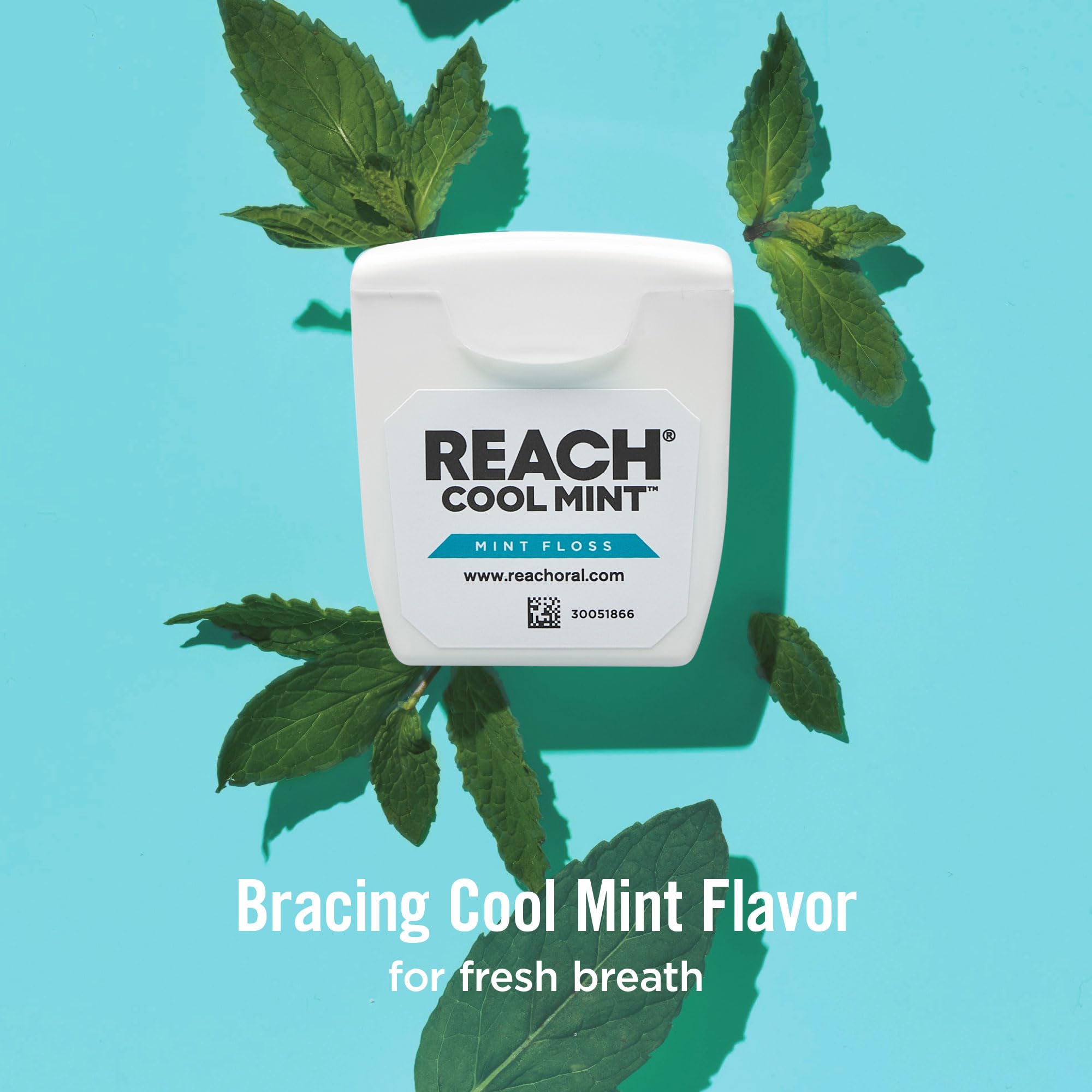 REACH Listerine Cool Mint Dental Floss 55yd, Plaque Remover, Shred Resistant, Waxed, Easy on Gums & Teeth, Fresh Mint, PFAS-Free, Fresh Breath, for Adults & Kids, 1 Pack