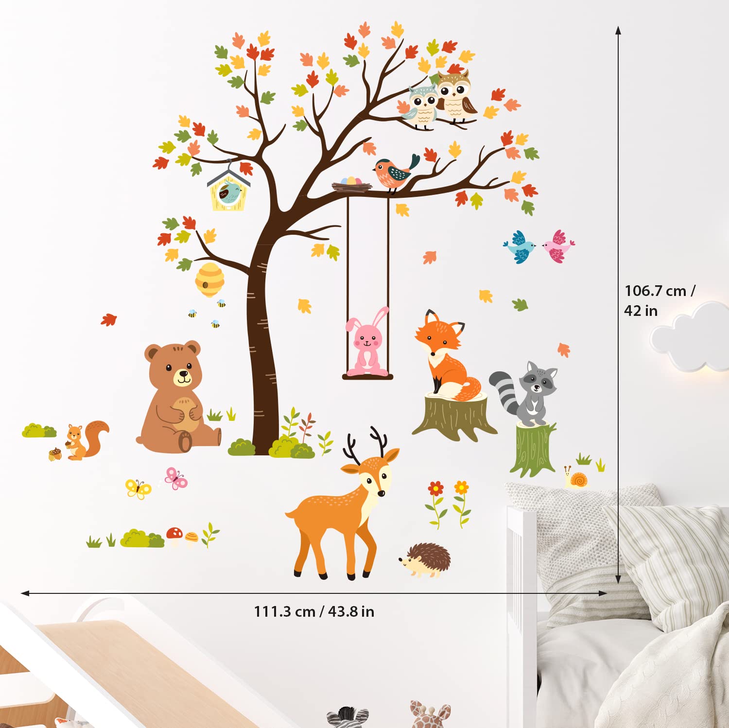 DECOWALL SG-2208 Tree and Animals Wall Decals Stickers Nursery Kids Autumn Bedroom d?cor Baby Room Forest Deer Woodland Fox playroom Jungle Living Classroom Squirrel Art Bear DIY owl Removable