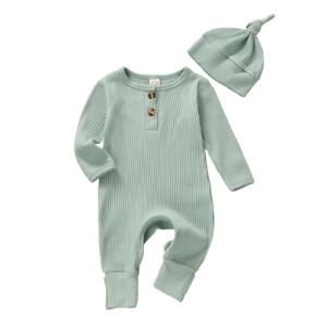 infant boys girls clothes set newborn baby romper hat ribbed knit long sleeve button solid bodysuit jumpsuit (blue, 0-3 months)