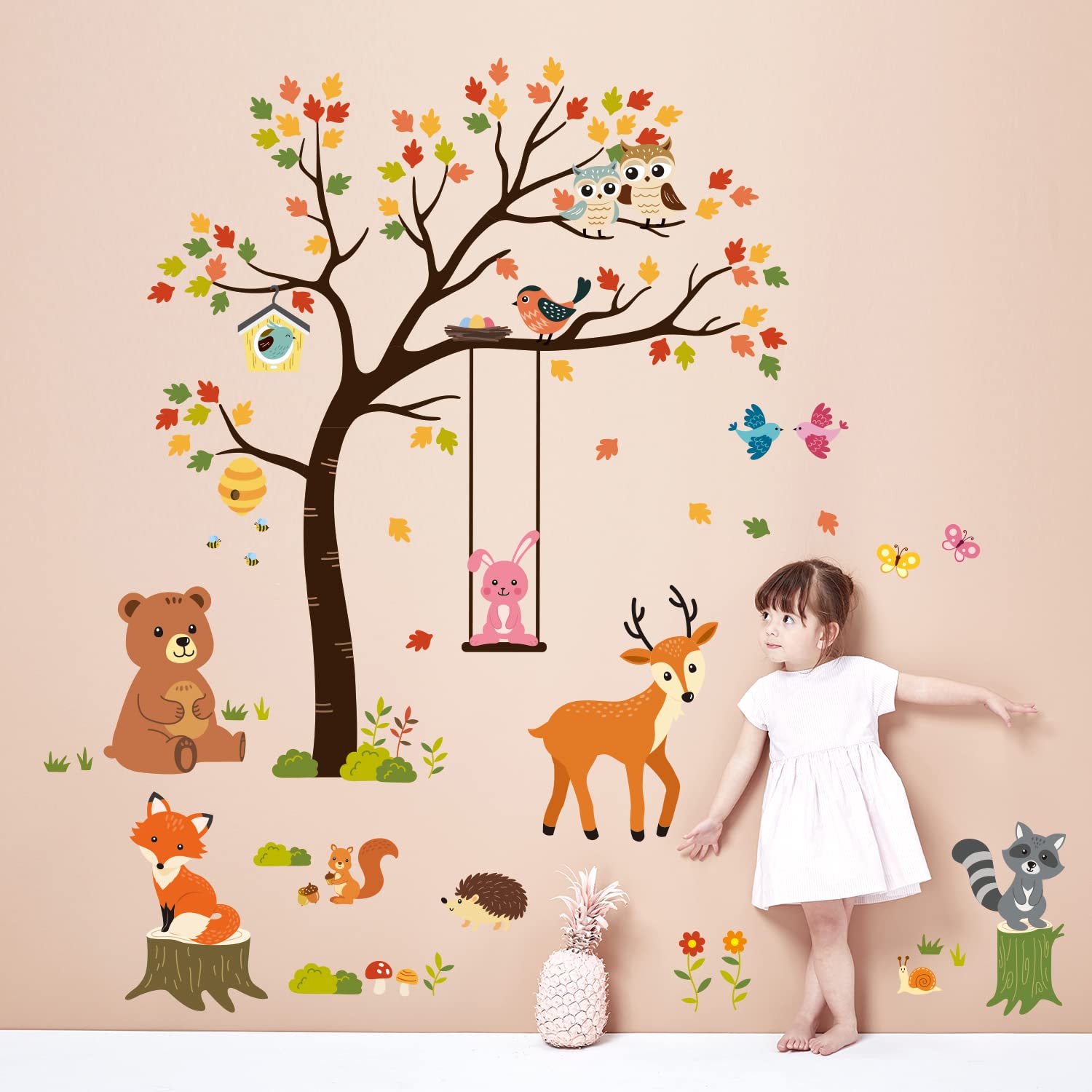 DECOWALL SG-2208 Tree and Animals Wall Decals Stickers Nursery Kids Autumn Bedroom d?cor Baby Room Forest Deer Woodland Fox playroom Jungle Living Classroom Squirrel Art Bear DIY owl Removable