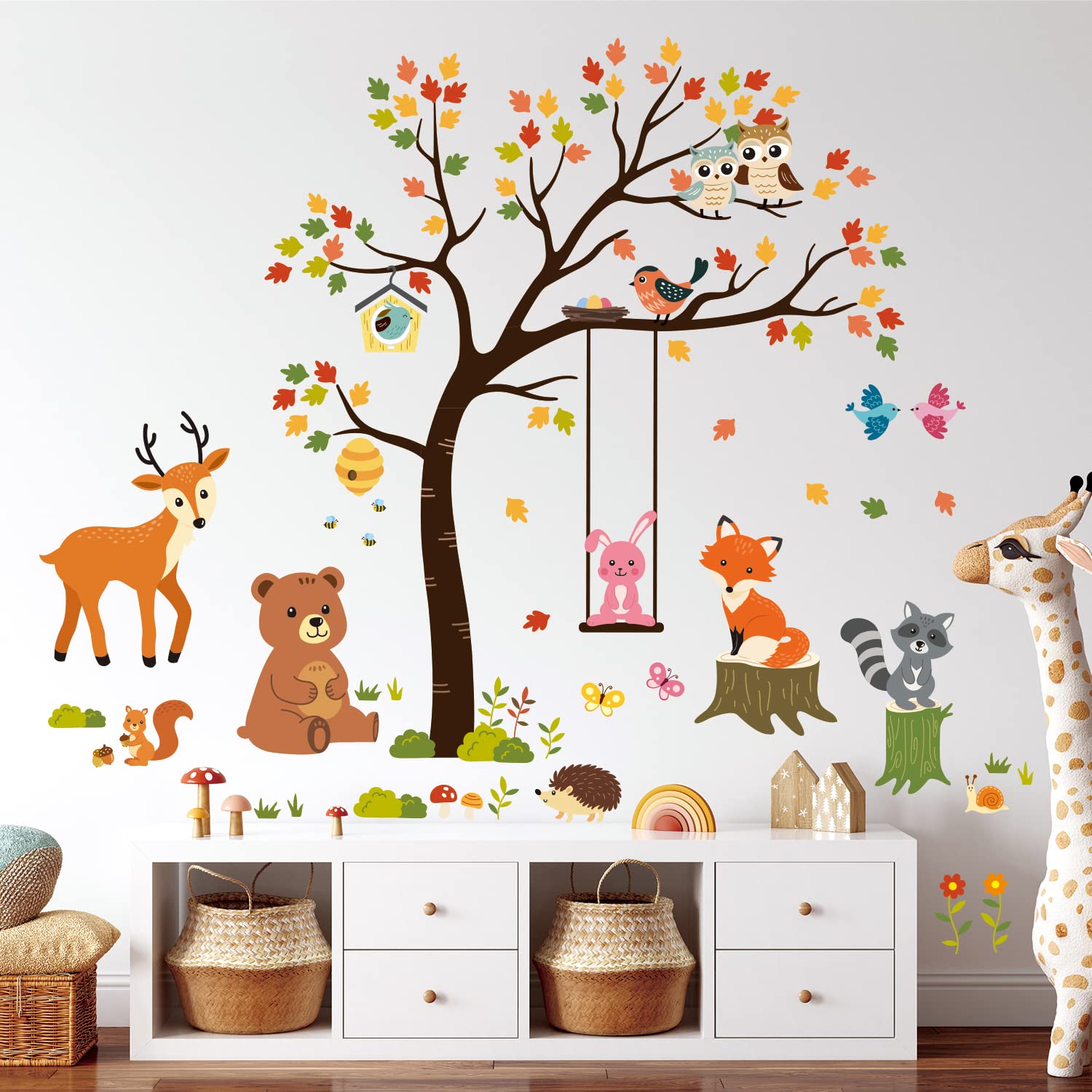 DECOWALL SG-2208 Tree and Animals Wall Decals Stickers Nursery Kids Autumn Bedroom d?cor Baby Room Forest Deer Woodland Fox playroom Jungle Living Classroom Squirrel Art Bear DIY owl Removable