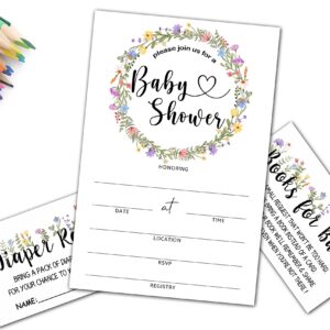 Baby Shower Invitation Kit, Diaper Raffle Games, Books For Baby, Greenery Boho Floral Baby Gender Reveal Fill In Invites Cards, Each Design 25 Cards & 25 Envelopes （A Total of 100 set）- BABYSET-013