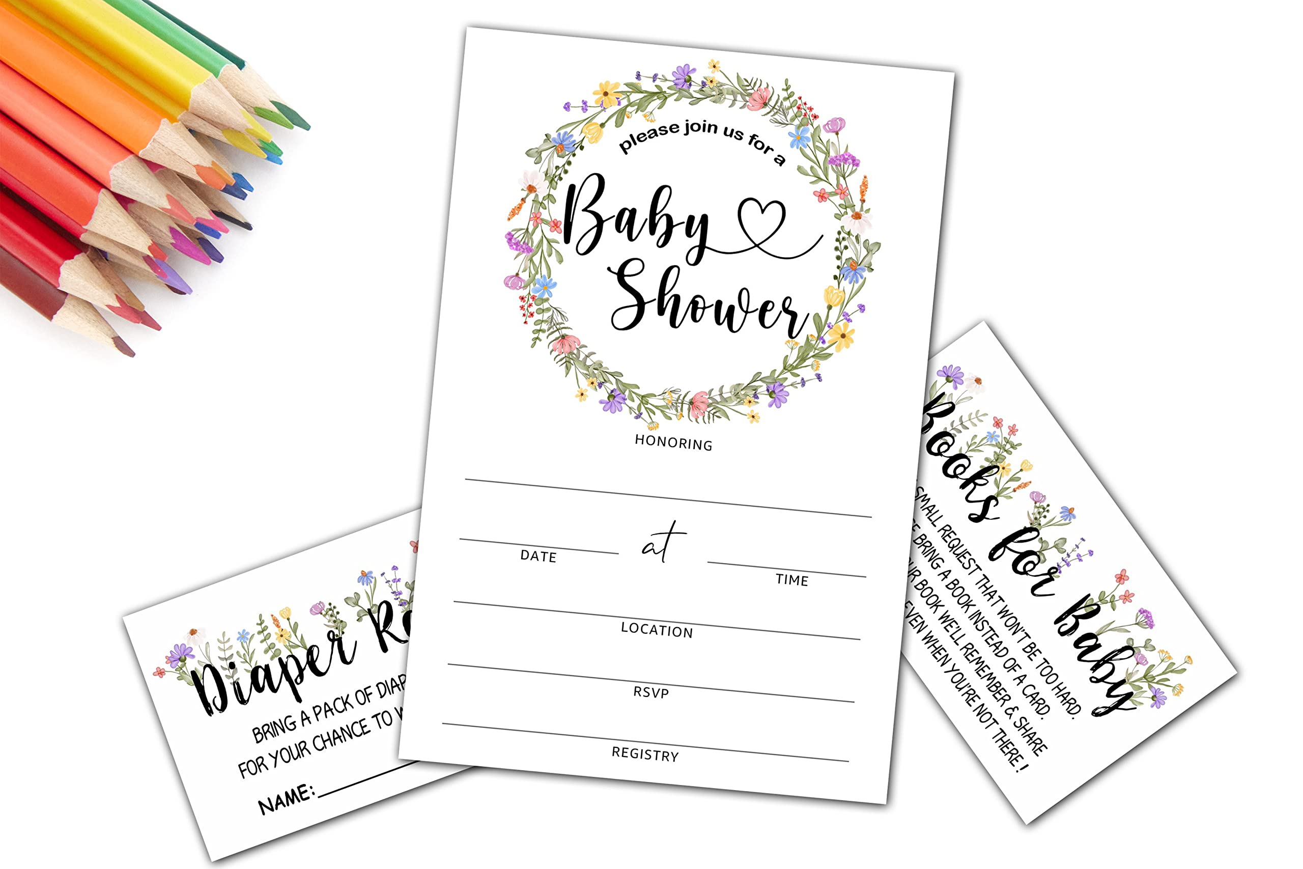 Baby Shower Invitation Kit, Diaper Raffle Games, Books For Baby, Greenery Boho Floral Baby Gender Reveal Fill In Invites Cards, Each Design 25 Cards & 25 Envelopes （A Total of 100 set）- BABYSET-013