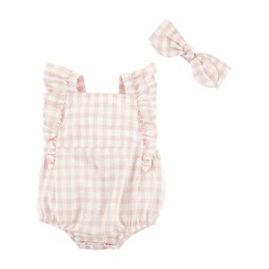 mud pie baby girls pink gingham bubble & headband set, pink, 9-12 months us