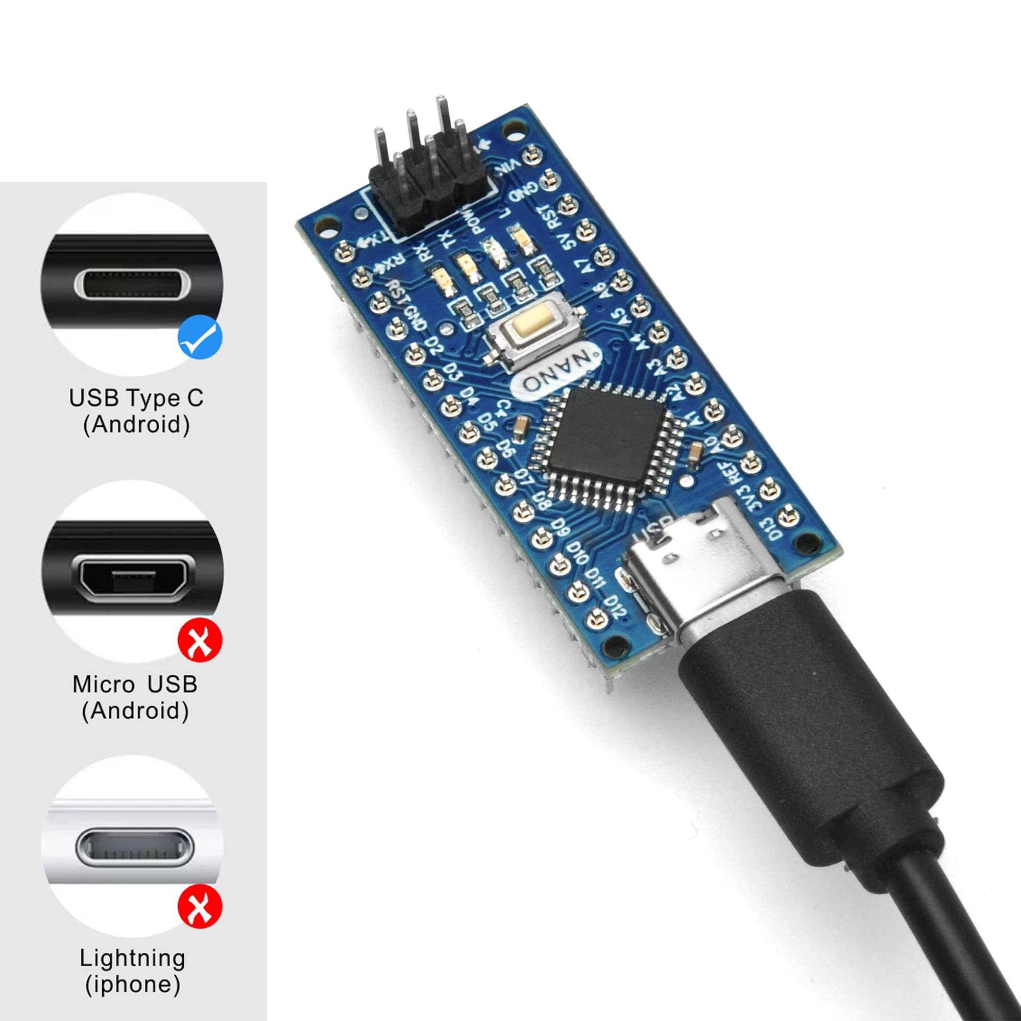 OSOYOO 3pcs LGT Nano for Arduino Nano Compatible with ATmega328p Chip Nano Board with USB-C Interface pin unsoldered