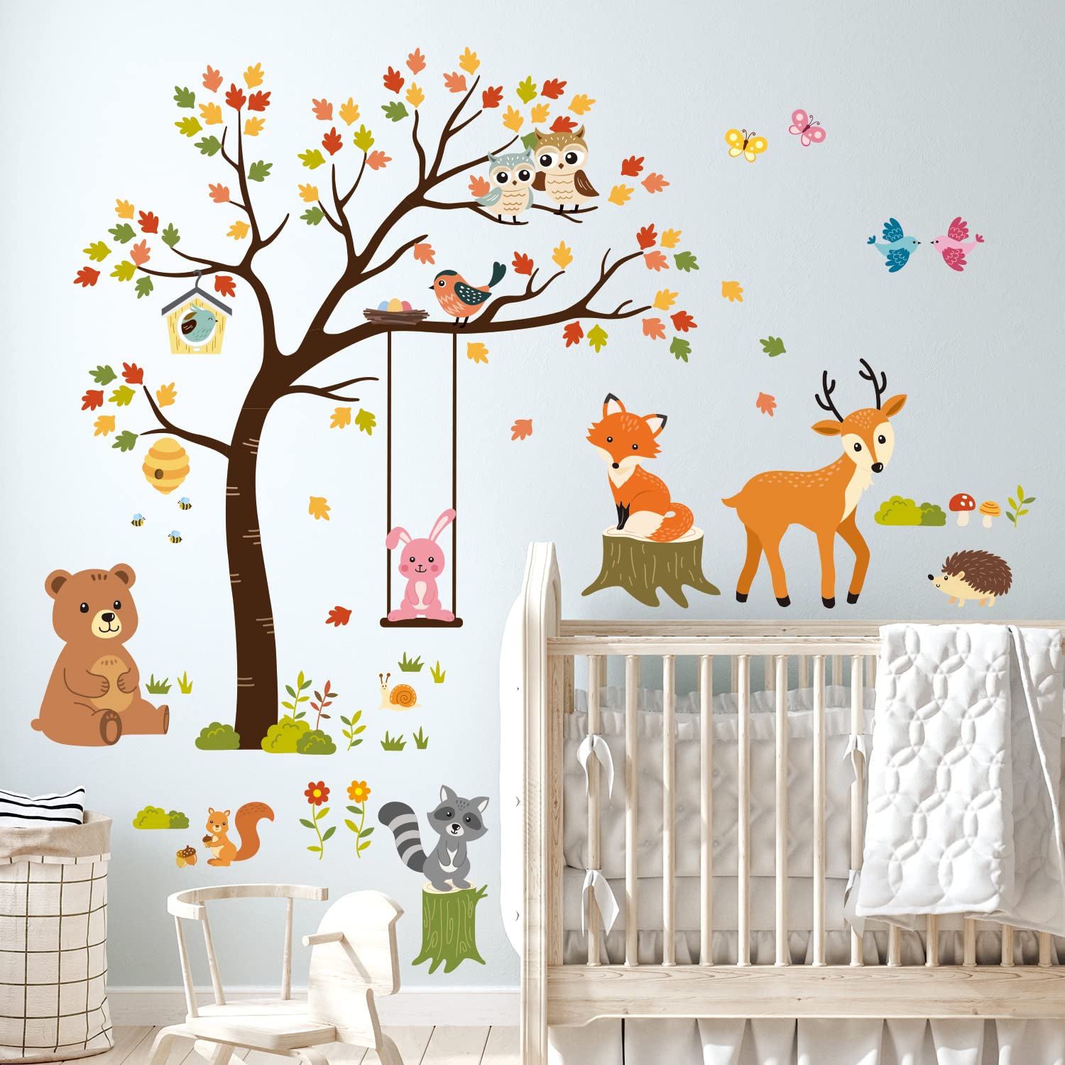 DECOWALL SG-2208 Tree and Animals Wall Decals Stickers Nursery Kids Autumn Bedroom d?cor Baby Room Forest Deer Woodland Fox playroom Jungle Living Classroom Squirrel Art Bear DIY owl Removable