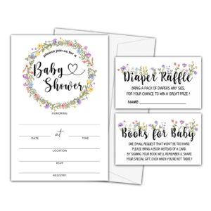 baby shower invitation kit, diaper raffle games, books for baby, greenery boho floral baby gender reveal fill in invites cards, each design 25 cards & 25 envelopes （a total of 100 set）- babyset-013