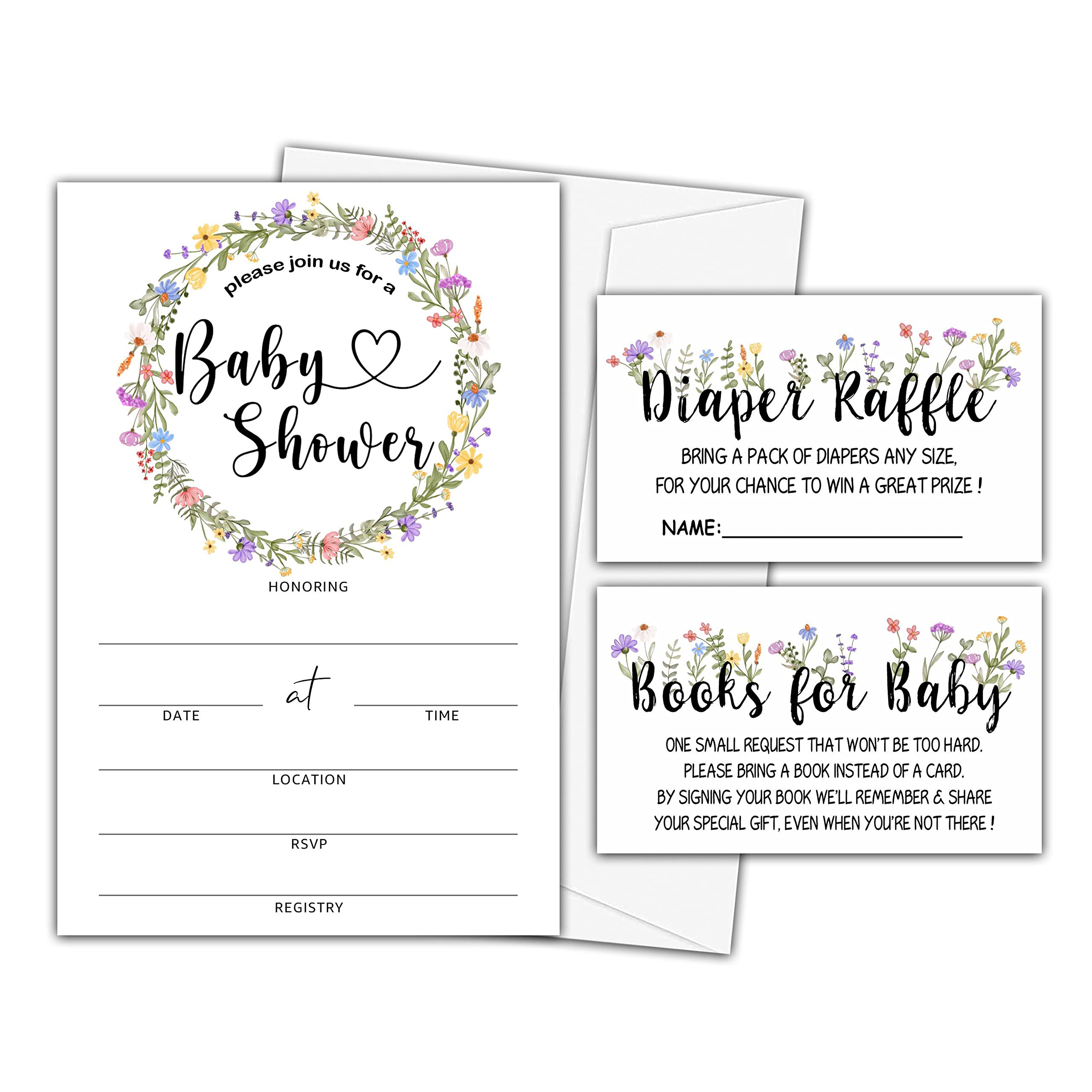 Baby Shower Invitation Kit, Diaper Raffle Games, Books For Baby, Greenery Boho Floral Baby Gender Reveal Fill In Invites Cards, Each Design 25 Cards & 25 Envelopes （A Total of 100 set）- BABYSET-013