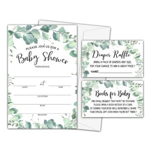 baby shower invitation kit, diaper raffle games, books for baby, greenery, eucalyptus baby gender reveal fill in invites cards, each design 25 cards & 25 envelopes （a total of 100 set） - babyset-007