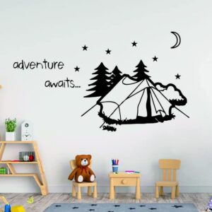 ANFRJJI Adventure Awaits Camping Wall Decal - Tent and Moonlight Sticker for RV and Club - PVC Wall Decor (Effect Size :35"x20"inch) (Black-JWH321-Camping)