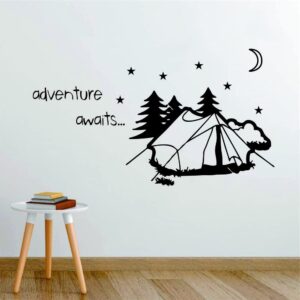 ANFRJJI Adventure Awaits Camping Wall Decal - Tent and Moonlight Sticker for RV and Club - PVC Wall Decor (Effect Size :35"x20"inch) (Black-JWH321-Camping)