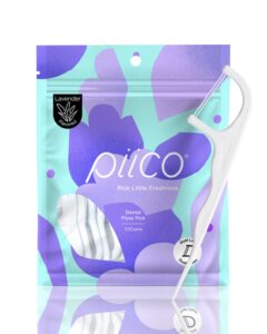 piico lavender floss picks with xylitol, 100 counts, unbreakable, shred-resistant flossers for adult, resealable pack, long-lasting unique flavored dental floss picks, doubles as portable dental picks