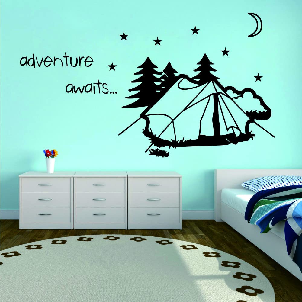 ANFRJJI Adventure Awaits Camping Wall Decal - Tent and Moonlight Sticker for RV and Club - PVC Wall Decor (Effect Size :35"x20"inch) (Black-JWH321-Camping)