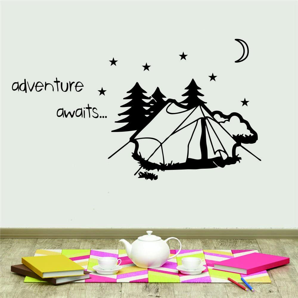 ANFRJJI Adventure Awaits Camping Wall Decal - Tent and Moonlight Sticker for RV and Club - PVC Wall Decor (Effect Size :35"x20"inch) (Black-JWH321-Camping)