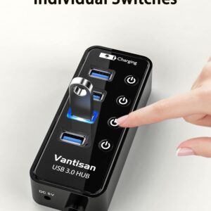 vantisan Powered USB 3.0 Hub, USB Extension 4-Port USB Hub Splitter (4 USB 3.0 Data Ports+1 Smart Charging Port) with 5V/3A Powered Adapter and Individual ON/Off Switches