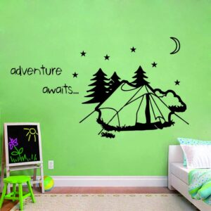 ANFRJJI Adventure Awaits Camping Wall Decal - Tent and Moonlight Sticker for RV and Club - PVC Wall Decor (Effect Size :35"x20"inch) (Black-JWH321-Camping)