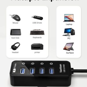 vantisan Powered USB 3.0 Hub, USB Extension 4-Port USB Hub Splitter (4 USB 3.0 Data Ports+1 Smart Charging Port) with 5V/3A Powered Adapter and Individual ON/Off Switches