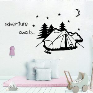 ANFRJJI Adventure Awaits Camping Wall Decal - Tent and Moonlight Sticker for RV and Club - PVC Wall Decor (Effect Size :35"x20"inch) (Black-JWH321-Camping)