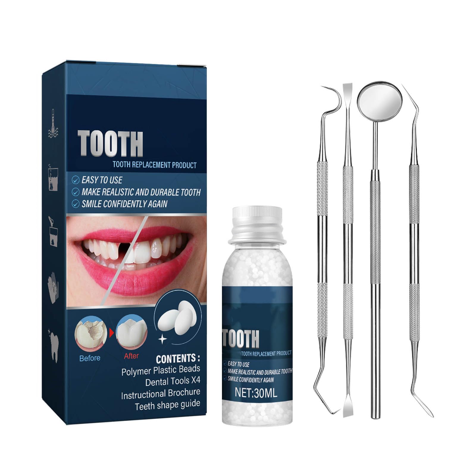 Tooth Repair Kit,4Pcs Dental Tools,1Pcs 30ml Dental Repair Denture Repair Beads,Tooth Repair Granules Tools Set for Temporary Fixing Filling Missing Broken Tooth Moldable Fake Teeth(5Pack)