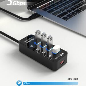 vantisan Powered USB 3.0 Hub, USB Extension 4-Port USB Hub Splitter (4 USB 3.0 Data Ports+1 Smart Charging Port) with 5V/3A Powered Adapter and Individual ON/Off Switches