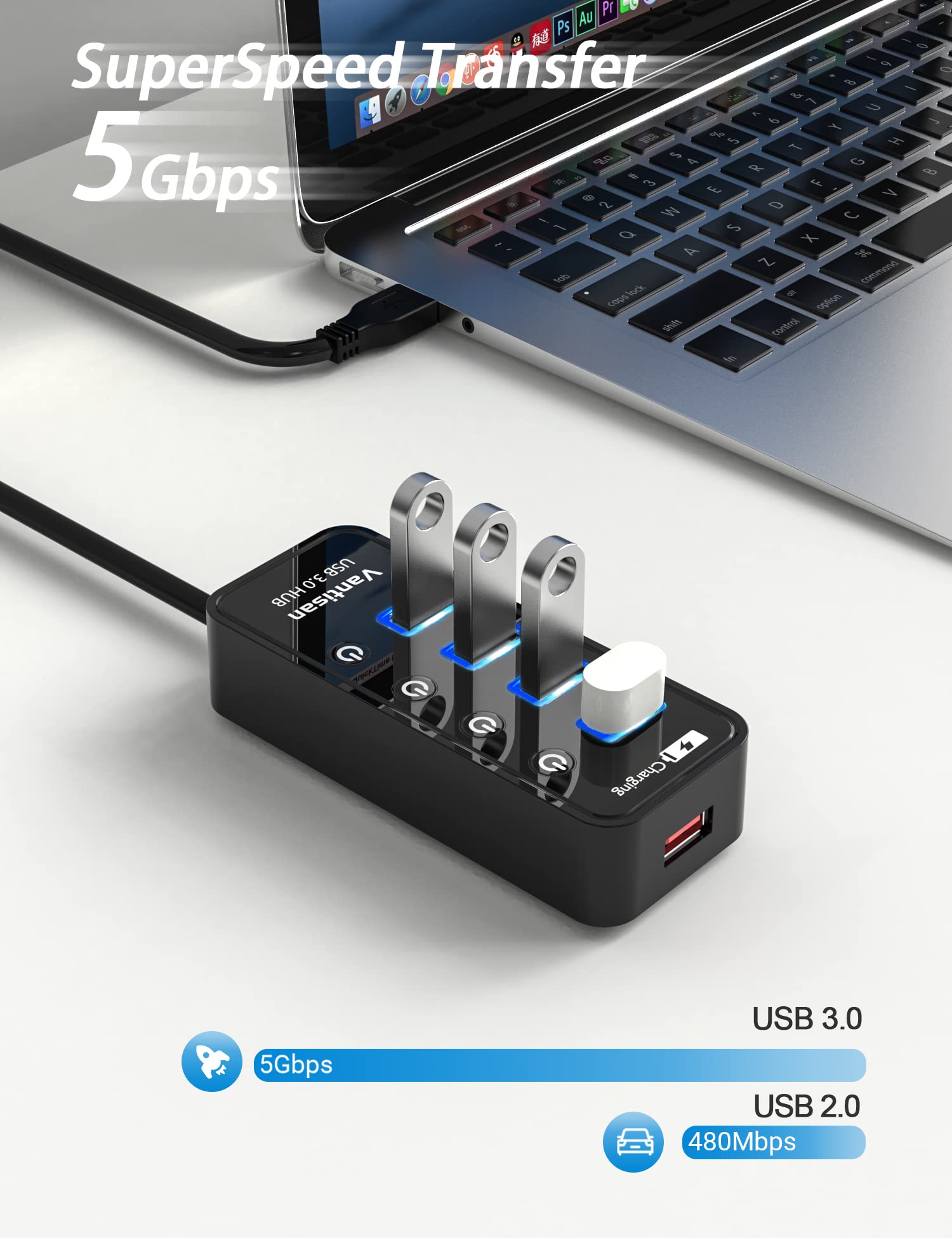 vantisan Powered USB 3.0 Hub, USB Extension 4-Port USB Hub Splitter (4 USB 3.0 Data Ports+1 Smart Charging Port) with 5V/3A Powered Adapter and Individual ON/Off Switches