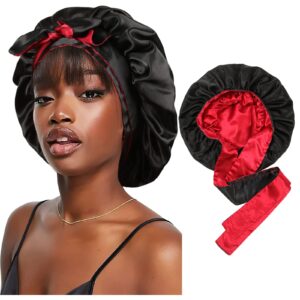 satin bonnet silk sleep cap hair bonnets for women stretchy tie band hair cap for curly hair silk hair wrap(black+red)