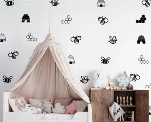 geometric bee honeycomb wall art decor stickers for kids room removable diy hexagon wall decor decals fg345 (black)