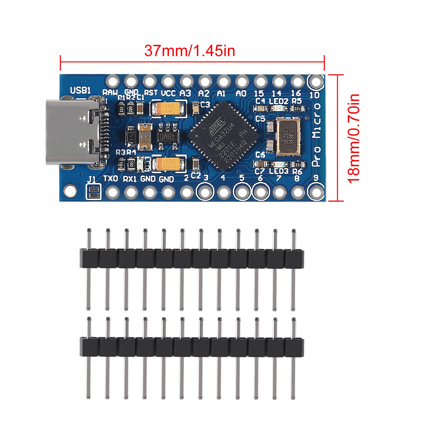 3pcs Type-C USB Pro Micro ATmega32U4 5V 16MHz Module Board ATmega32U4 Development Module Board Microcontroller with 2 Row Pin Header for Leonardo Replace Pro Mini