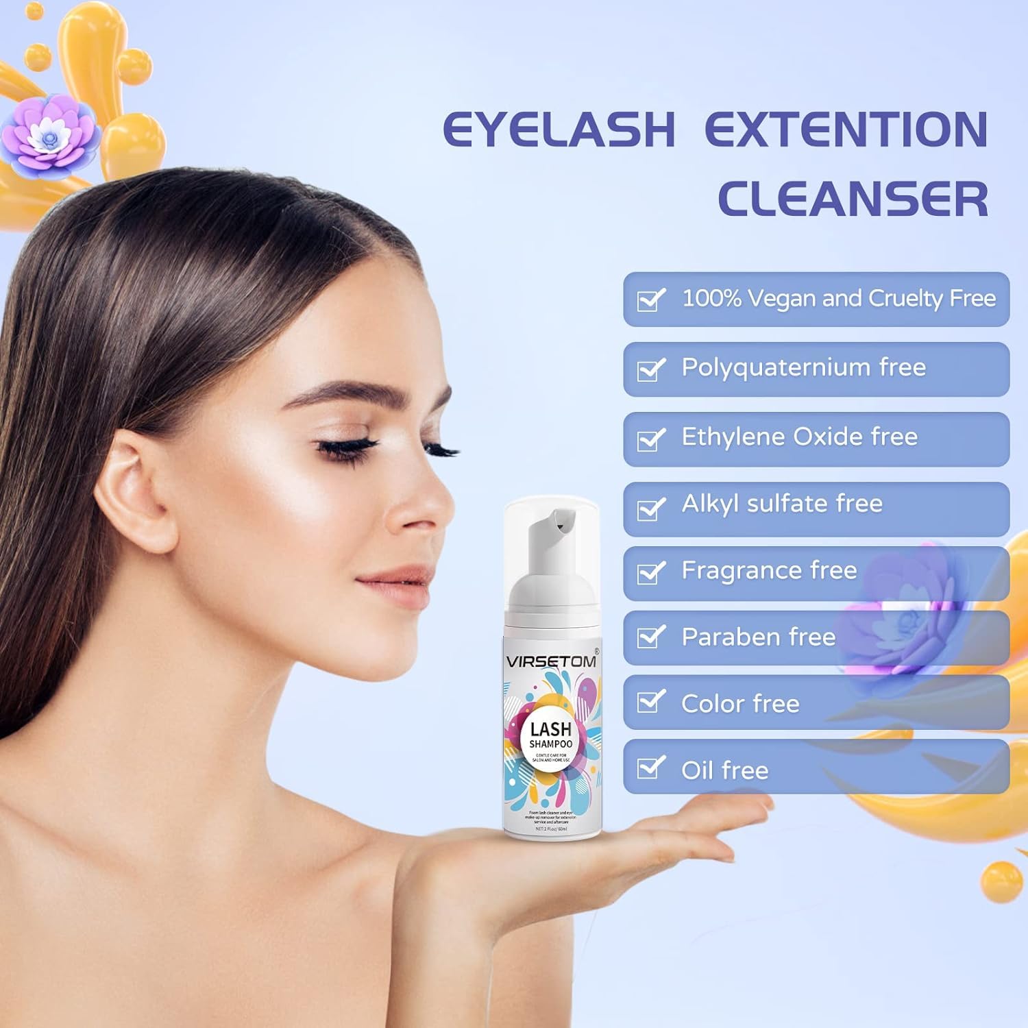 Lash Shampoo for Lash Extensions, Eyelash Extension Cleanser 60ml + Rinse Bottle + Brushes, Lash Bath, Lash Shampoo Kit, Lash Cleaner, Paraben & Sulfate Free, Salon and Home Use