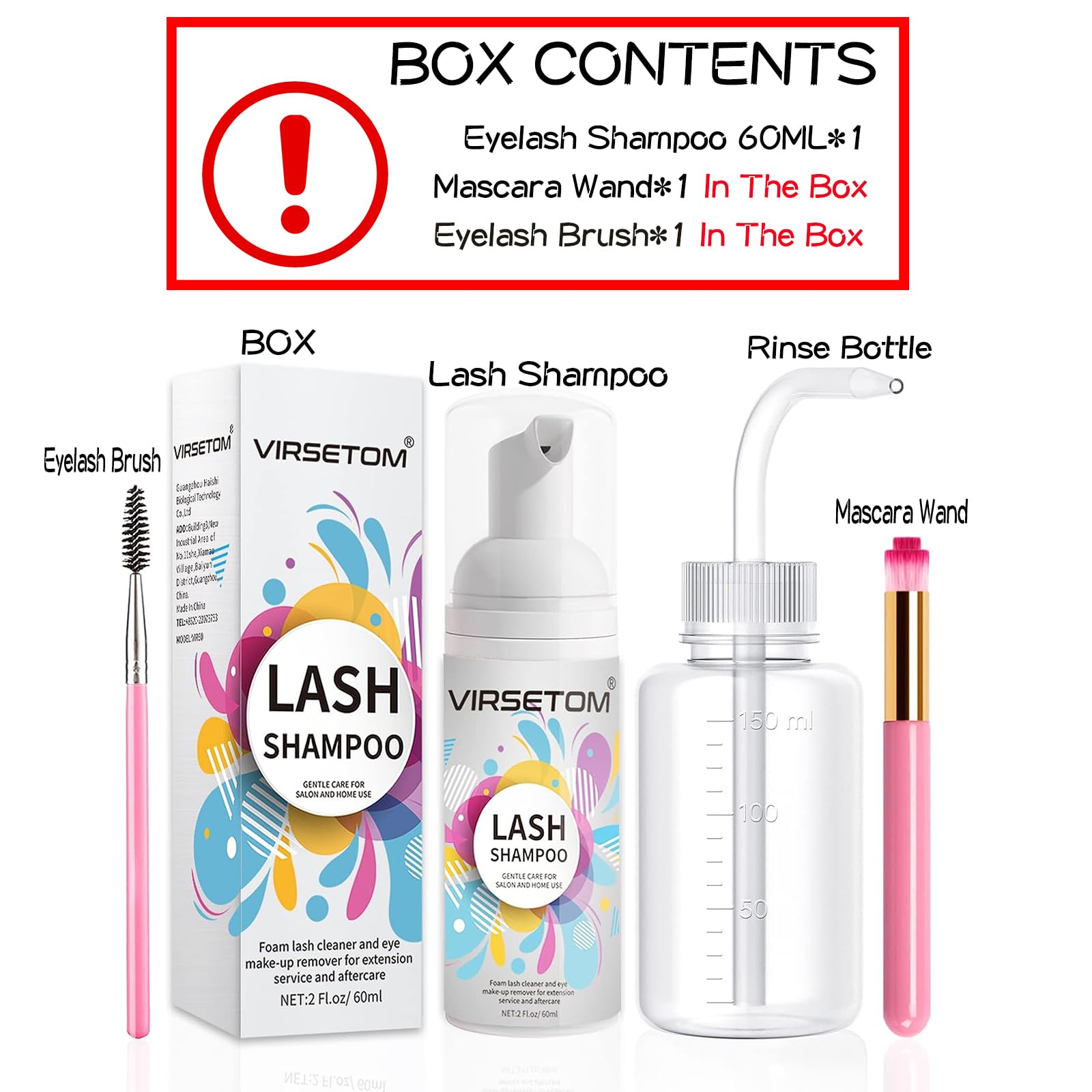 Lash Shampoo for Lash Extensions, Eyelash Extension Cleanser 60ml + Rinse Bottle + Brushes, Lash Bath, Lash Shampoo Kit, Lash Cleaner, Paraben & Sulfate Free, Salon and Home Use