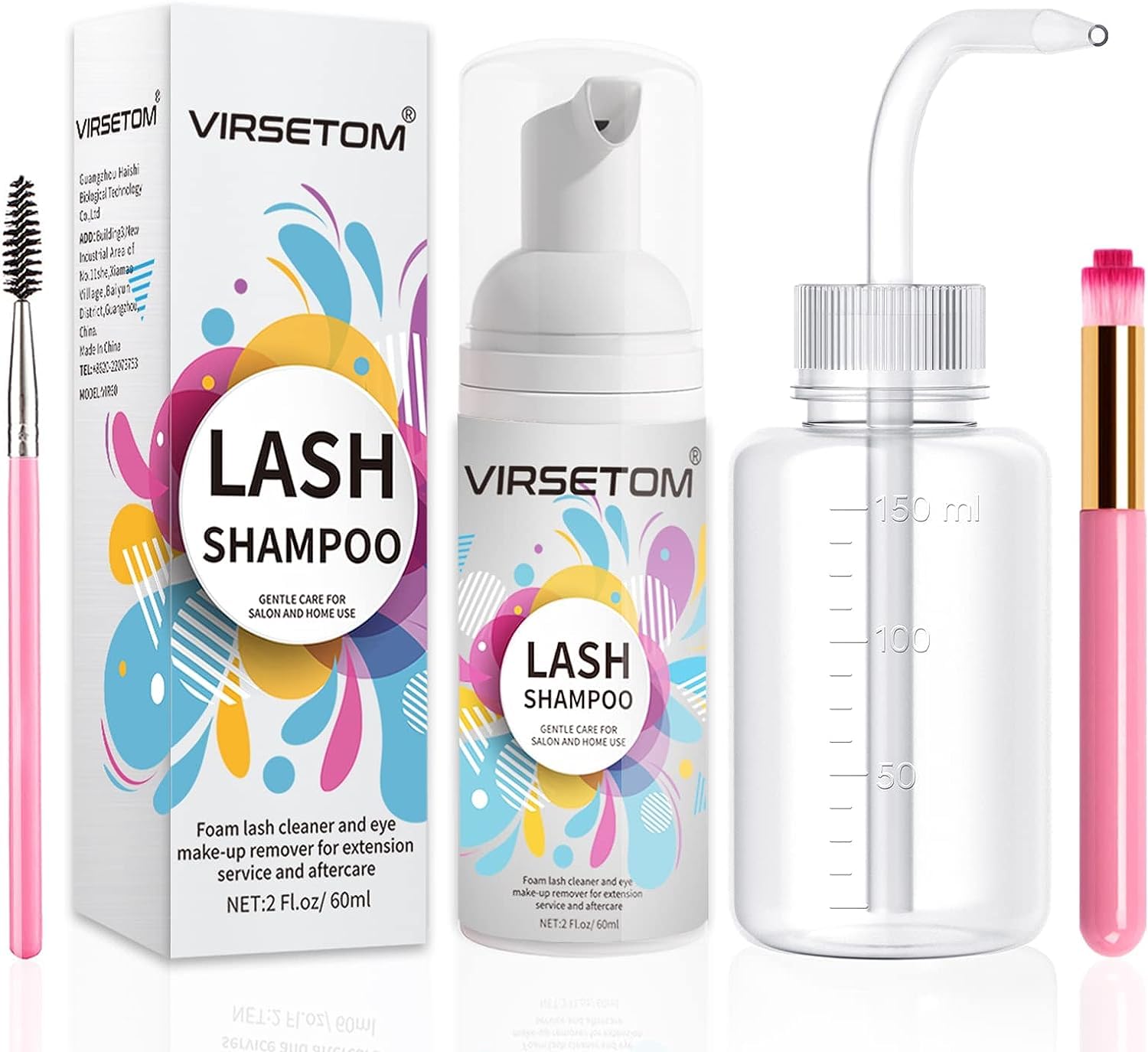 Lash Shampoo for Lash Extensions, Eyelash Extension Cleanser 60ml + Rinse Bottle + Brushes, Lash Bath, Lash Shampoo Kit, Lash Cleaner, Paraben & Sulfate Free, Salon and Home Use