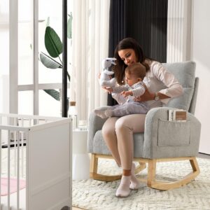 JEEOHEY Rocking Chair Nursery,Teddy Fabric Upholstered Baby Glider Rocker Chair,Comfy Accent Arm Chair with Side Pockets&Solid Wood Legs,Modern Nursing Single Sofa Chair for Living Room,Bedroom(Grey)