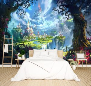 bzhxbz - 3d space enchanted forest backdrop dream castle wallpaper nursery kids bedroom waterfall murals boys and girls room decor home living room large wall mural - 91"x65" not peel and stick