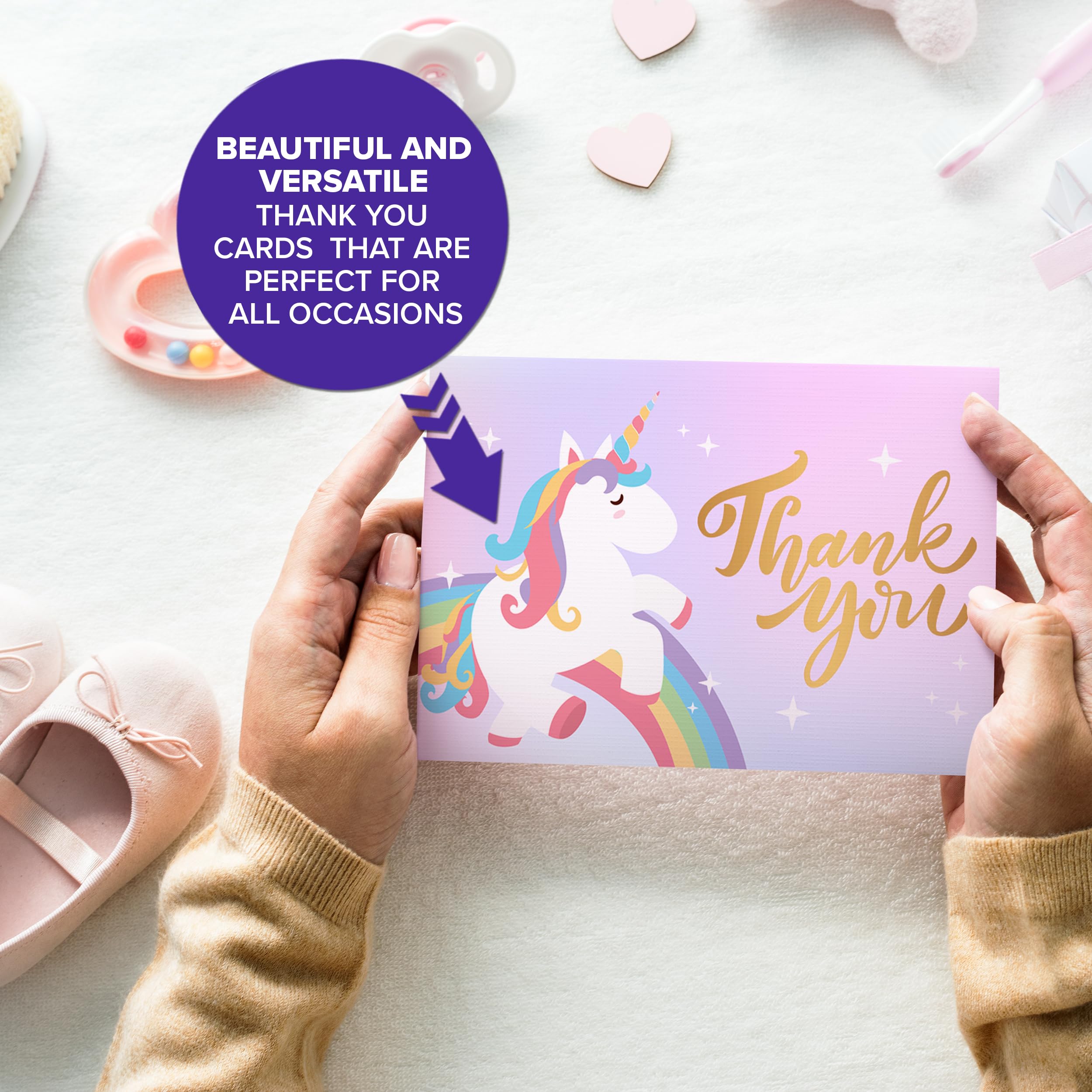 Decorably Thank You Cards with Envelopes & Stickers, Gold-Foiled Kid Cards, 24 Pack Unicorn Thank You Cards, Blank Inside Unicorn Thank You Cards Kids Birthday, 6x4in Kid Thank You Cards Kids