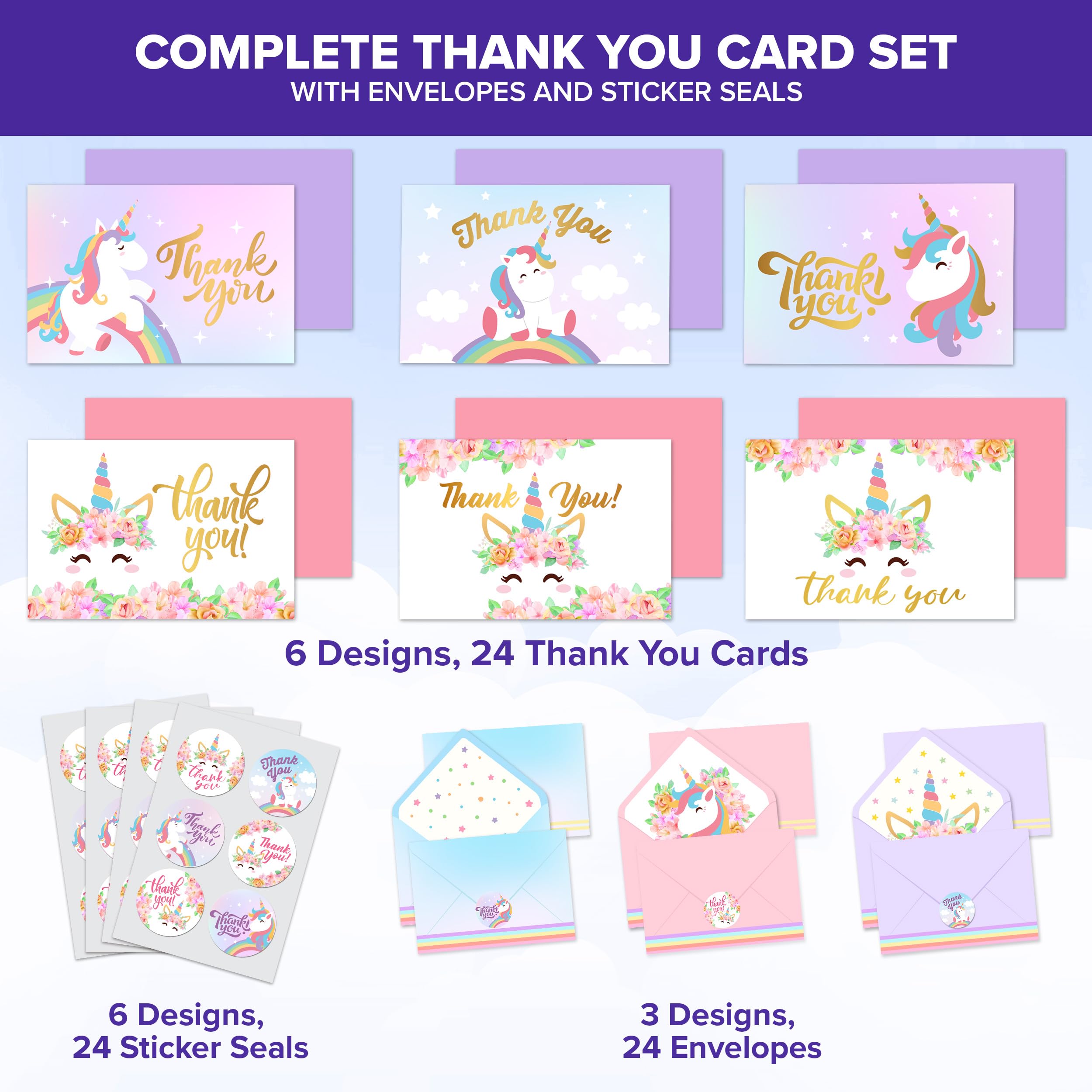 Decorably Thank You Cards with Envelopes & Stickers, Gold-Foiled Kid Cards, 24 Pack Unicorn Thank You Cards, Blank Inside Unicorn Thank You Cards Kids Birthday, 6x4in Kid Thank You Cards Kids