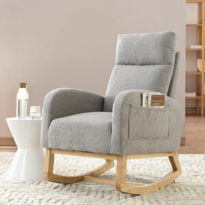 JEEOHEY Rocking Chair Nursery,Teddy Fabric Upholstered Baby Glider Rocker Chair,Comfy Accent Arm Chair with Side Pockets&Solid Wood Legs,Modern Nursing Single Sofa Chair for Living Room,Bedroom(Grey)