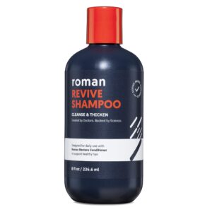 roman men's revive shampoo | exfoliates and clarifies with peppermint, cleanses for thicker-looking hair, includes saw palmetto, pumpkin seed oil, and caffeine, made without sulfates, parabens, or phthalates | 8 fl oz