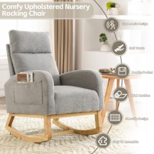 JEEOHEY Rocking Chair Nursery,Teddy Fabric Upholstered Baby Glider Rocker Chair,Comfy Accent Arm Chair with Side Pockets&Solid Wood Legs,Modern Nursing Single Sofa Chair for Living Room,Bedroom(Grey)