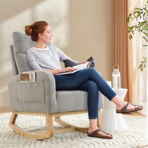 JEEOHEY Rocking Chair Nursery,Teddy Fabric Upholstered Baby Glider Rocker Chair,Comfy Accent Arm Chair with Side Pockets&Solid Wood Legs,Modern Nursing Single Sofa Chair for Living Room,Bedroom(Grey)