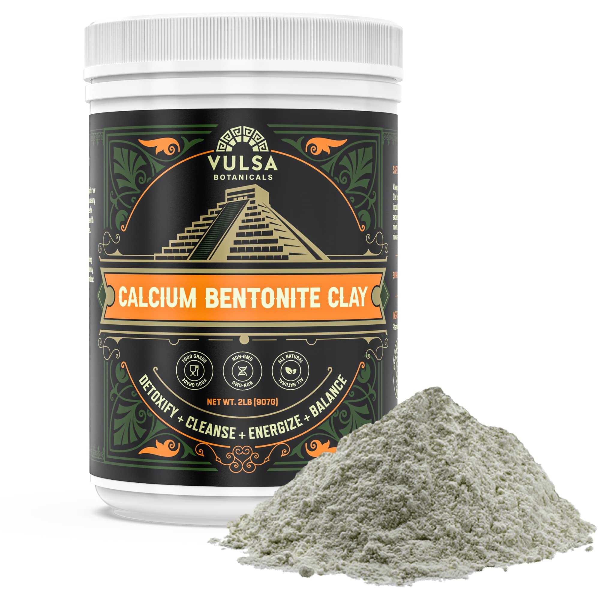 Vulsa Bentonite Clay Powder - Calcium Bentonite Clay Food Grade Organic for Acne Face Mask, Body Detox, Hair and Mud Bath - Natural, Healing & Pure Green Clay - Edible for Internal or External Use