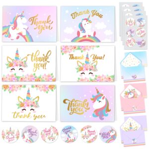 decorably thank you cards with envelopes & stickers, gold-foiled kid cards, 24 pack unicorn thank you cards, blank inside unicorn thank you cards kids birthday, 6x4in kid thank you cards kids