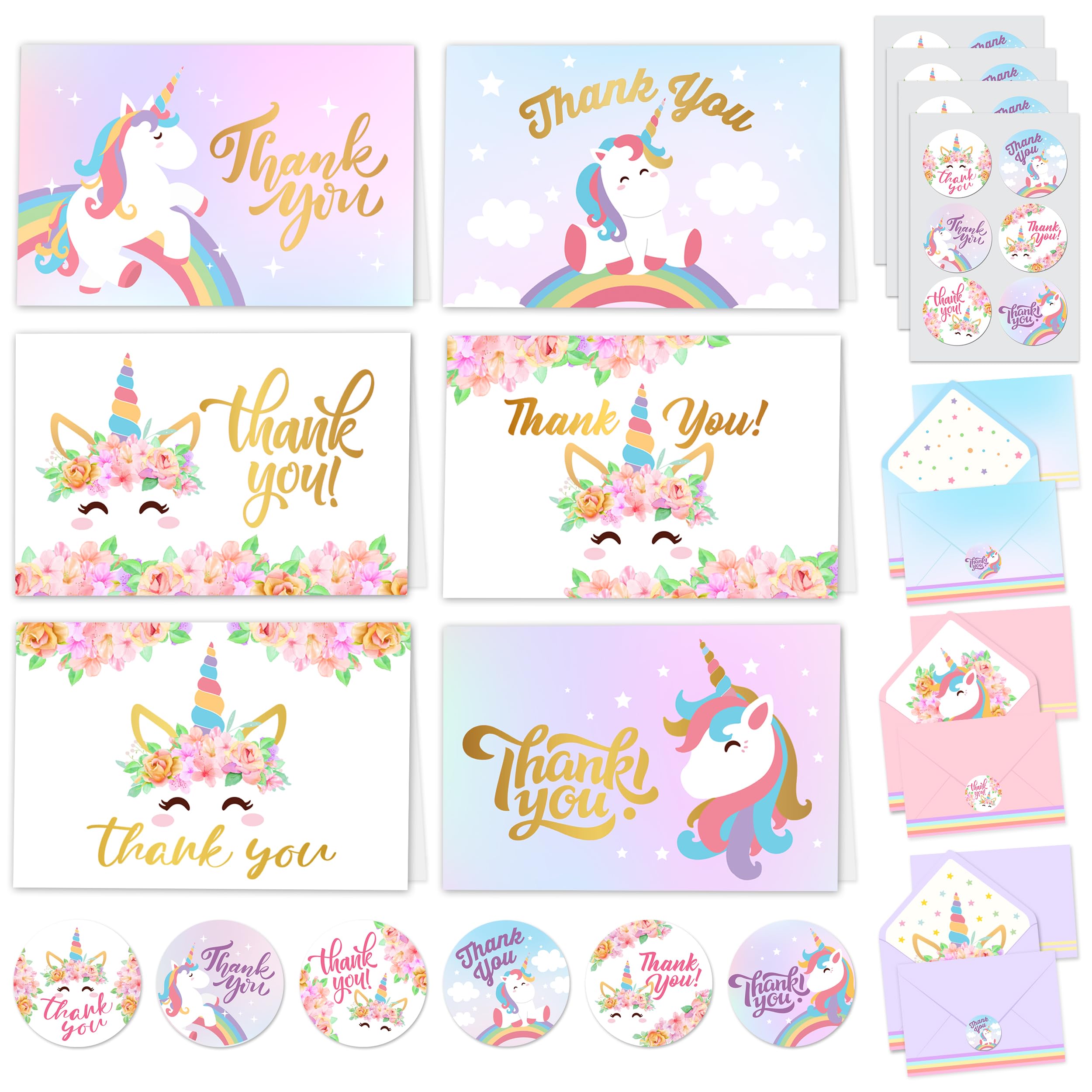 Decorably Thank You Cards with Envelopes & Stickers, Gold-Foiled Kid Cards, 24 Pack Unicorn Thank You Cards, Blank Inside Unicorn Thank You Cards Kids Birthday, 6x4in Kid Thank You Cards Kids