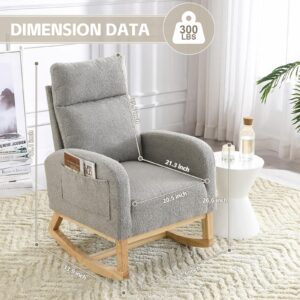 JEEOHEY Rocking Chair Nursery,Teddy Fabric Upholstered Baby Glider Rocker Chair,Comfy Accent Arm Chair with Side Pockets&Solid Wood Legs,Modern Nursing Single Sofa Chair for Living Room,Bedroom(Grey)