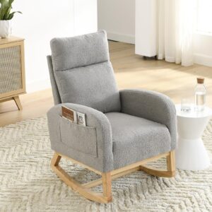 jeeohey rocking chair nursery,teddy fabric upholstered baby glider rocker chair,comfy accent arm chair with side pockets&solid wood legs,modern nursing single sofa chair for living room,bedroom(grey)