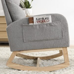 JEEOHEY Rocking Chair Nursery,Teddy Fabric Upholstered Baby Glider Rocker Chair,Comfy Accent Arm Chair with Side Pockets&Solid Wood Legs,Modern Nursing Single Sofa Chair for Living Room,Bedroom(Grey)