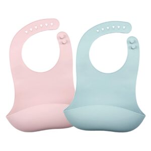 maveek silicone baby bibs for eating, drool bibs for babies gender neutral toddler bandana bibs food catcher for baby boys and girls, waterproof soft non messy dusky pink + dusky blue (12-36 months)