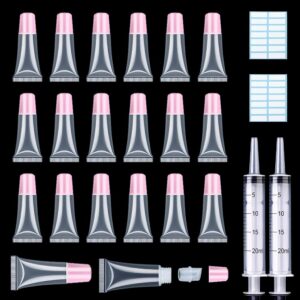 amorix 50pcs lip gloss tubes 5ml pink cap lip gloss containers empty lip balm tubes squeeze lipgloss tubes + 2 x 20ml syringes tag labels for diy lip gloss base glitter